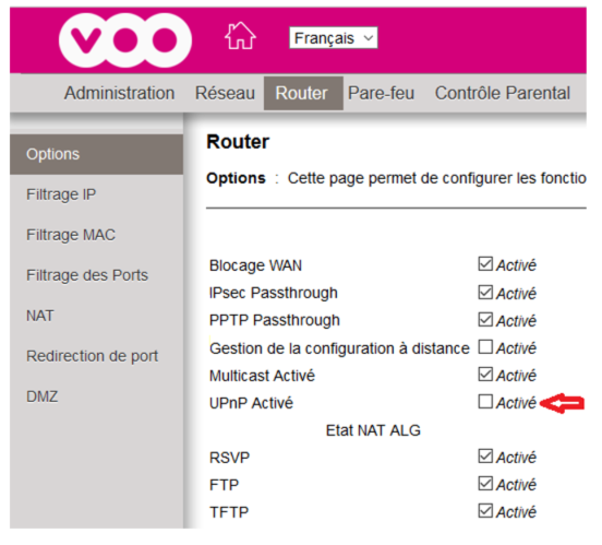 Je veux activer ou désactiver UPnP sur le modem VOO
