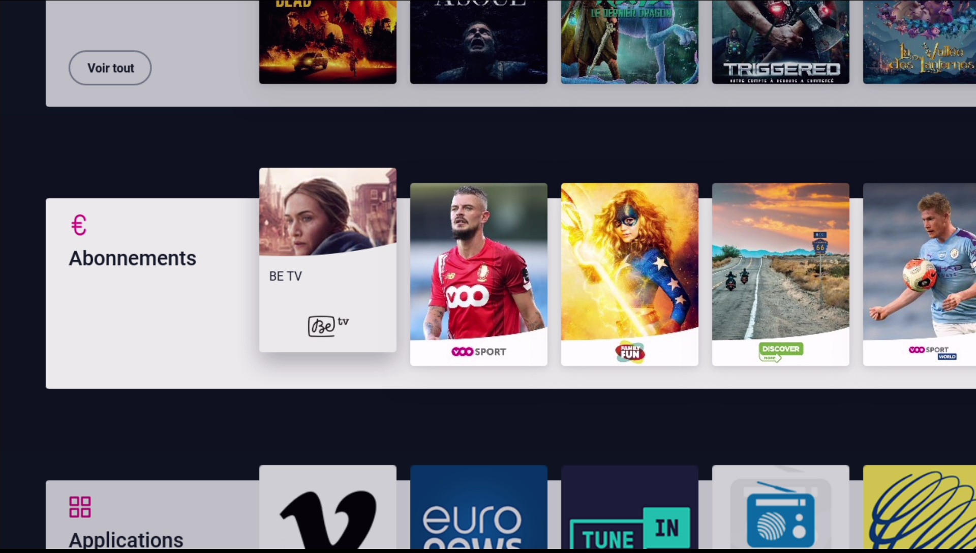 Le menu Abonnements de VOO TV+